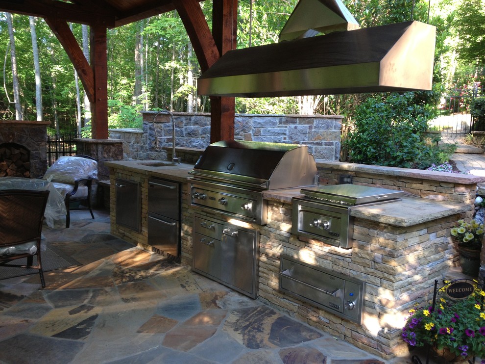 South Charlotte Timber Frame and Water Feature - Rustic - Patio ...