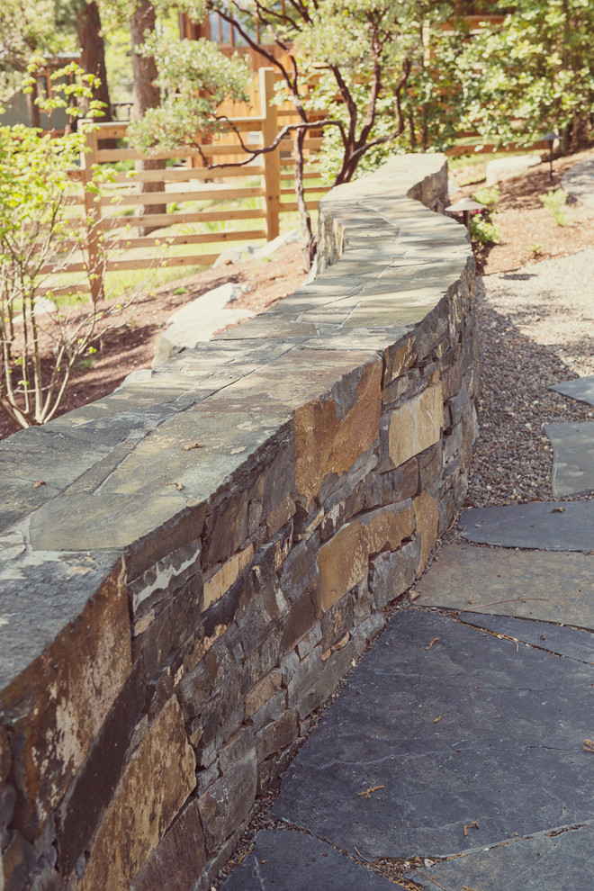Stacked Basalt Garden Wall with Flagstone + Gravel Path - Rustic ...