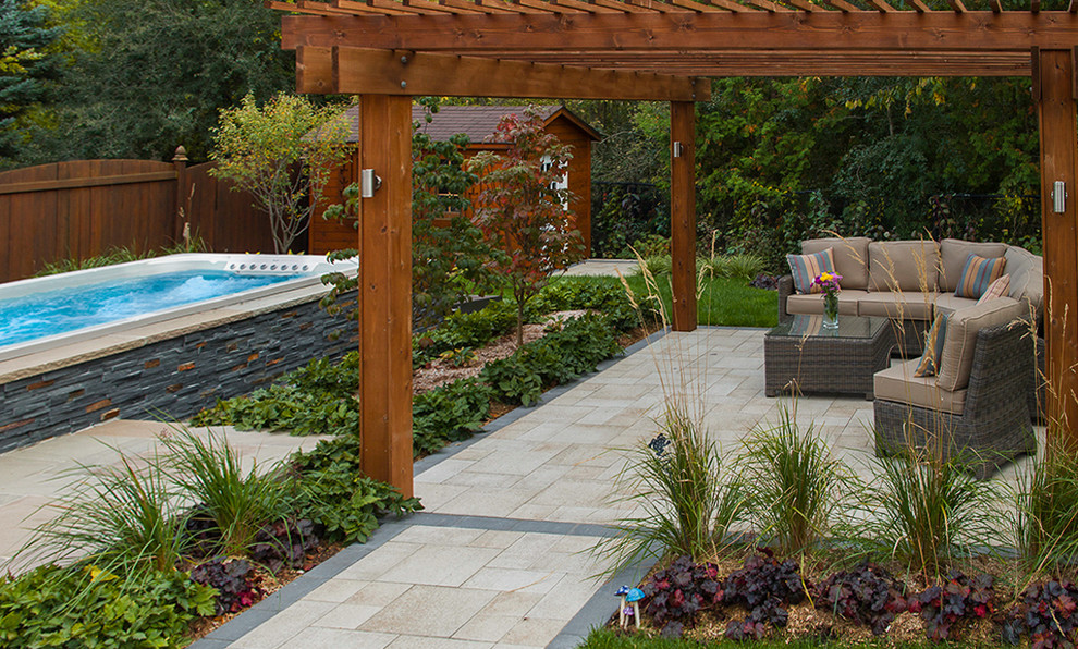 Swim Spa, Pergola, and Outdoor Living and Dining Areas - Contemporary ...
