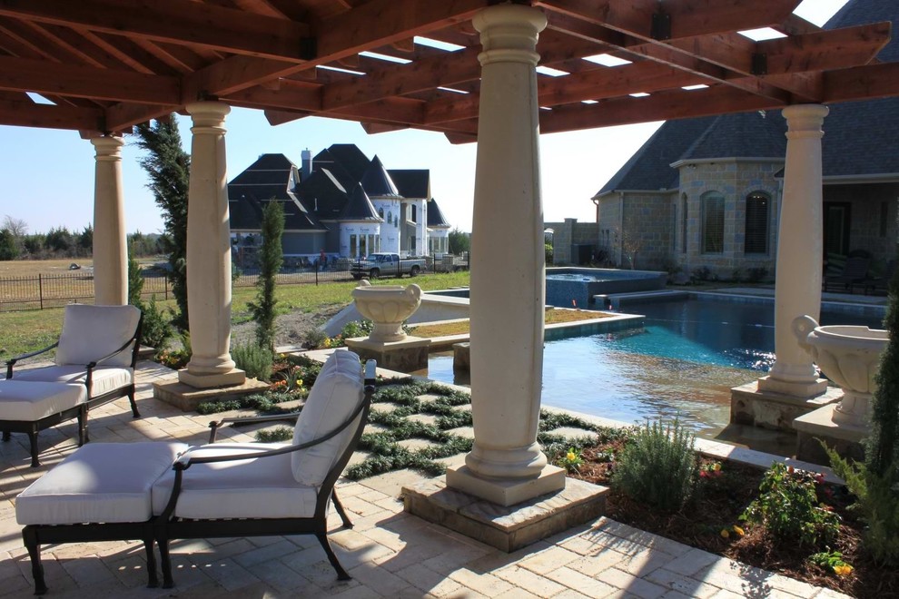 SWIMMING POOL, SPA, PAVILION, CAST STONE COLUMNS, TRAVERTINE PAVERS ...