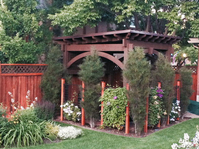Timber Frame Pavilion With Privacy Panel Shade Hot Tub Midcentury Patio Salt Lake City