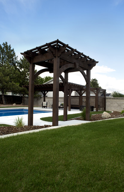 Timber Frame Poolside Pergola with Privacy Lattices & Arbor - Moderne ...