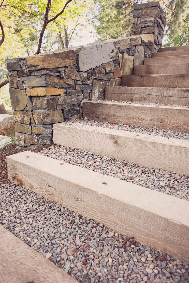 Timber + Gravel Stairway with Stacked Basalt Wall - Rustic - Patio ...