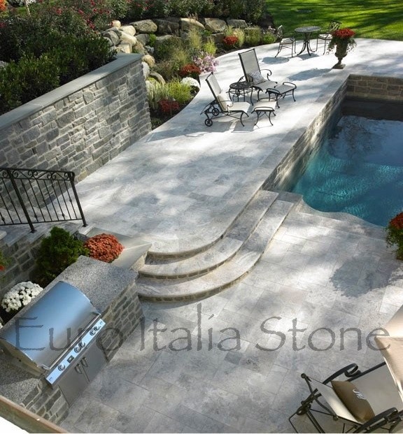 Travertine Pool Deck & Coping - Argento Silver - Traditional - Patio ...