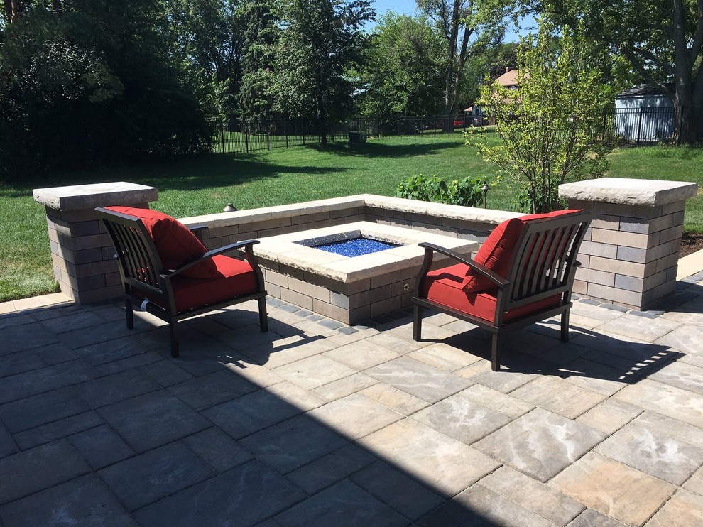 Unilock Beacon Hill Paver Patio, gas fire pit using blue fire glass ...