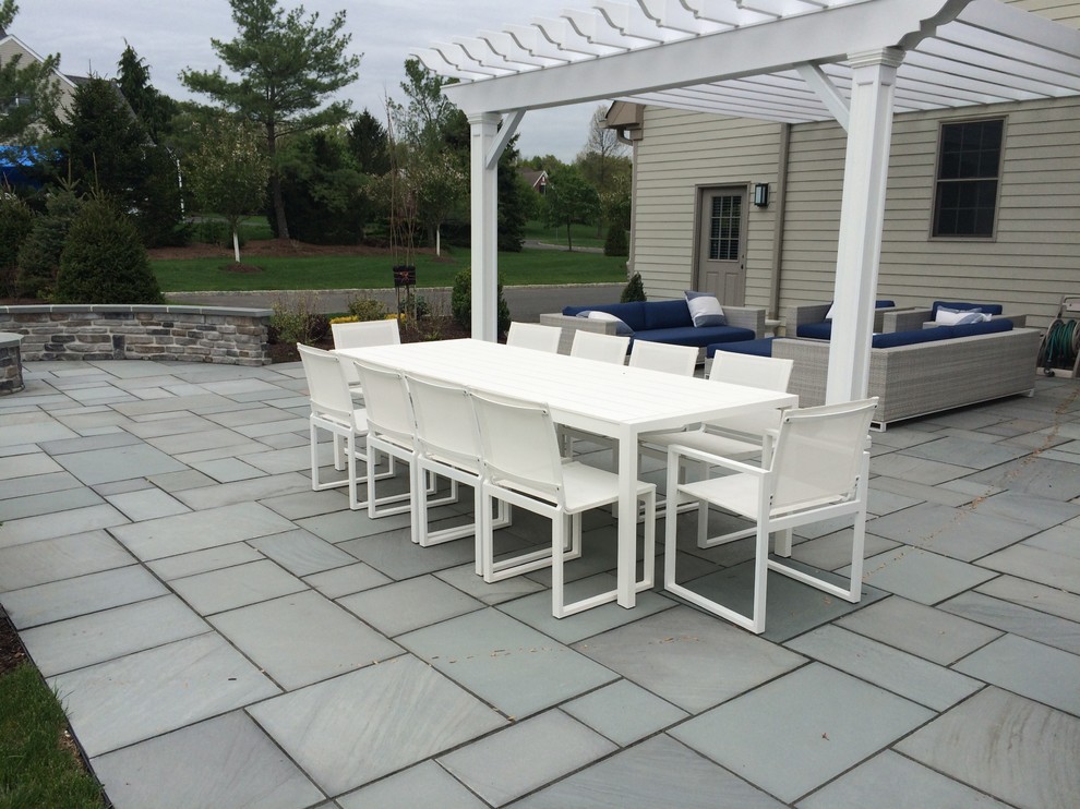 Warren, NJ Beautiful transformation - Blue stone patio with pergola and ...
