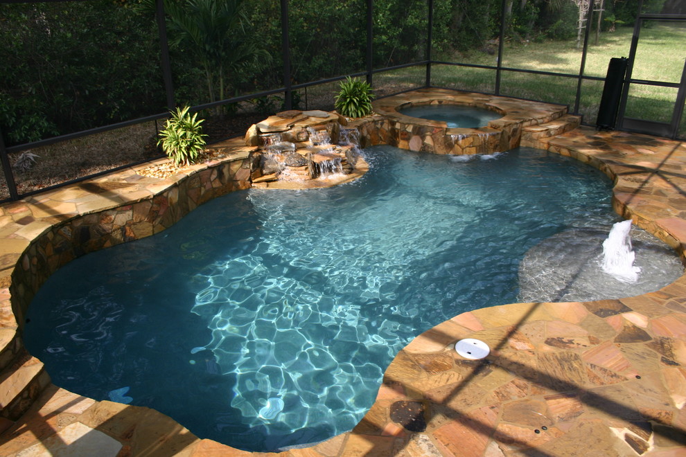 386 - Pool with Rock Work, Spa and Water features - Modern - Pool ...