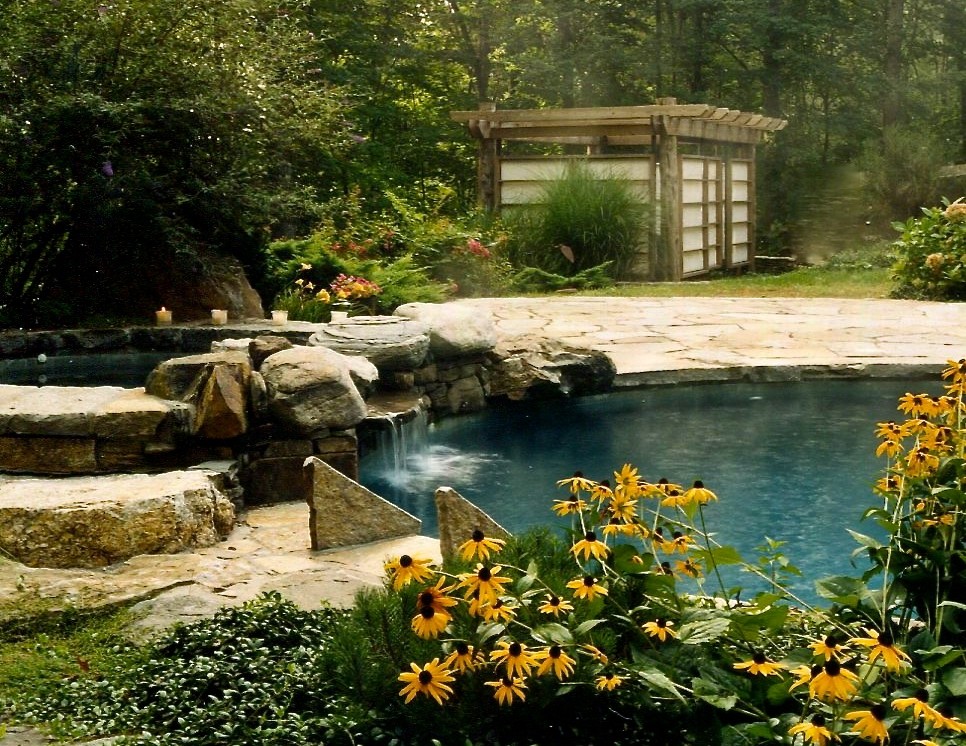 Asian Inspired Free Form Pool with Raised Spa and Waterfall Features ...