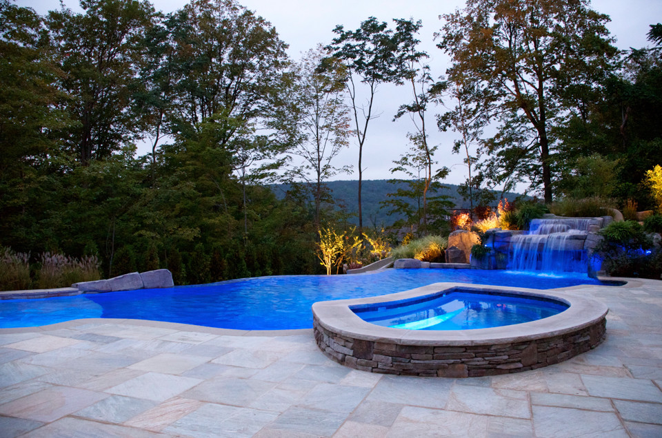 Backyard Infinity Swimming Pool Waterfall Design- Bergen County NJ ...