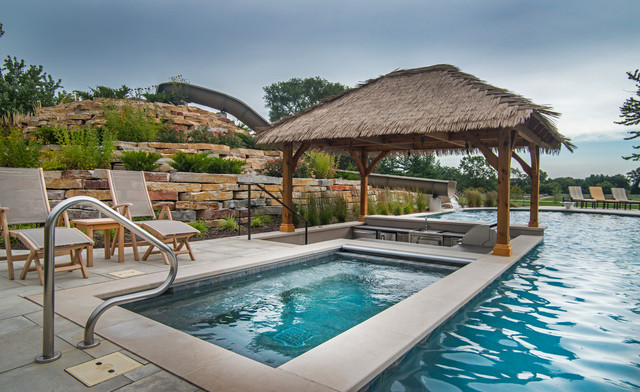 Barrington Hills Swimming Pool, Hot Tub, Sunken Bar and Slide - Tropical - Swimming Pool & Hot ...