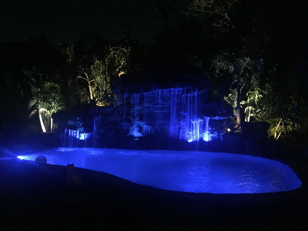 Before & After - Naturalistic Pool with waterfalls & movie screen in ...