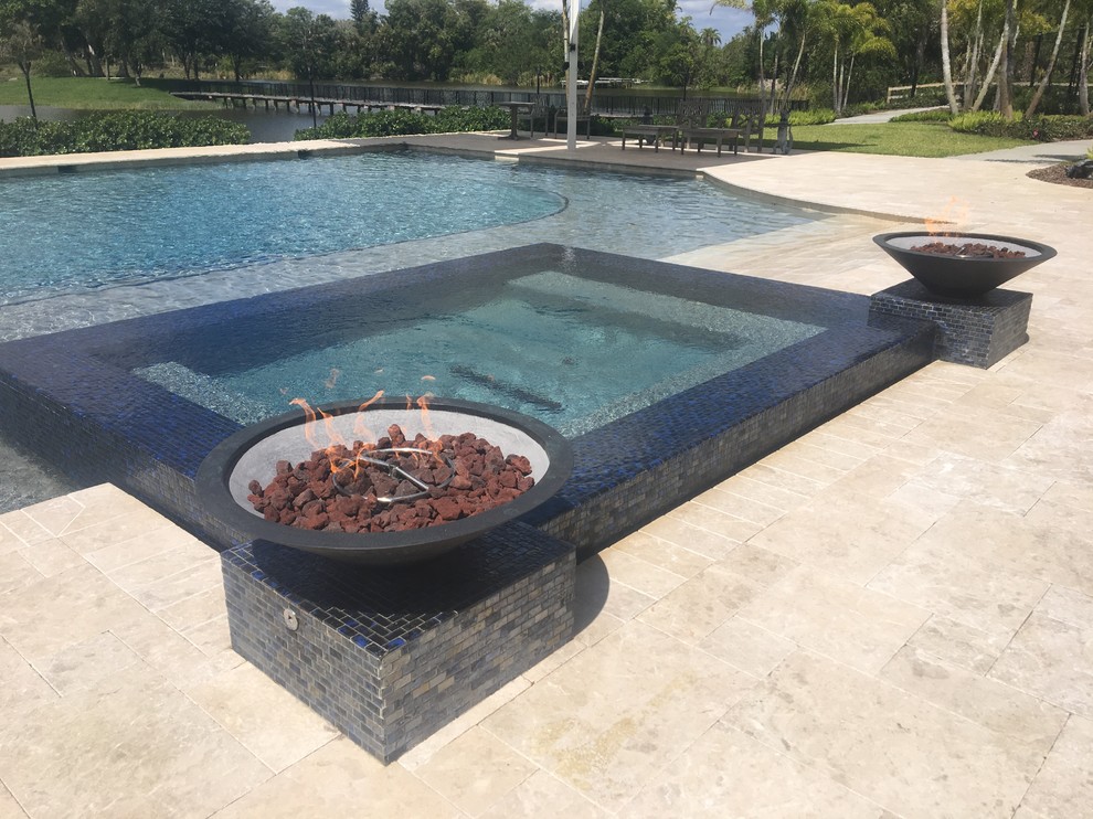 Big Custom Pool with a Rock Waterfall and Slide in Boca Raton - Beach ...