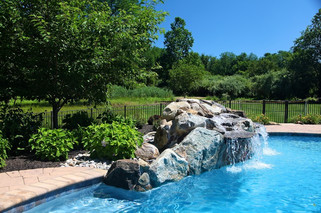 Boulder Waterfall Pool - Rustic - Swimming Pool & Hot Tub - New York ...