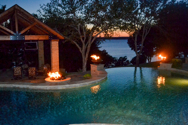 Bridgeport Freeform Infinity Pool and Cabana - Rustic - Pool - Dallas ...