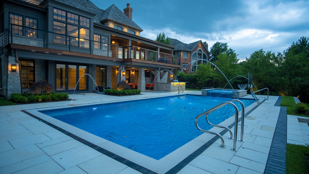 Burr Ridge Lap Pool with Raised Hot Tub and Waterfall - Traditional ...