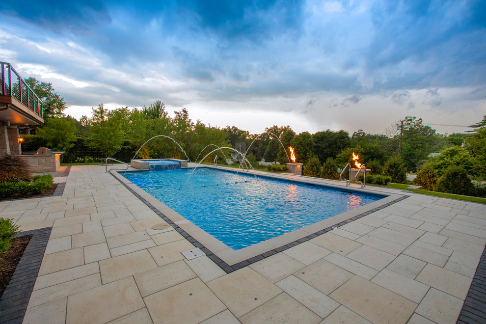Burr Ridge Lap Pool with Raised Hot Tub and Waterfall - Traditional ...