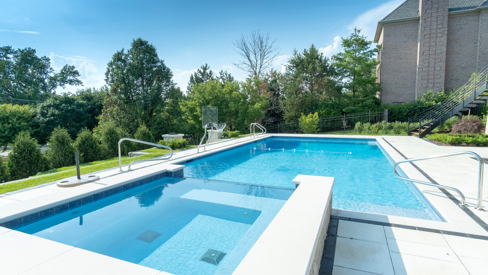 Burr Ridge Lap Pool with Raised Hot Tub and Waterfall - Traditional ...