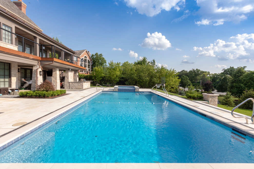 Burr Ridge Lap Pool with Raised Hot Tub and Waterfall - Classique ...