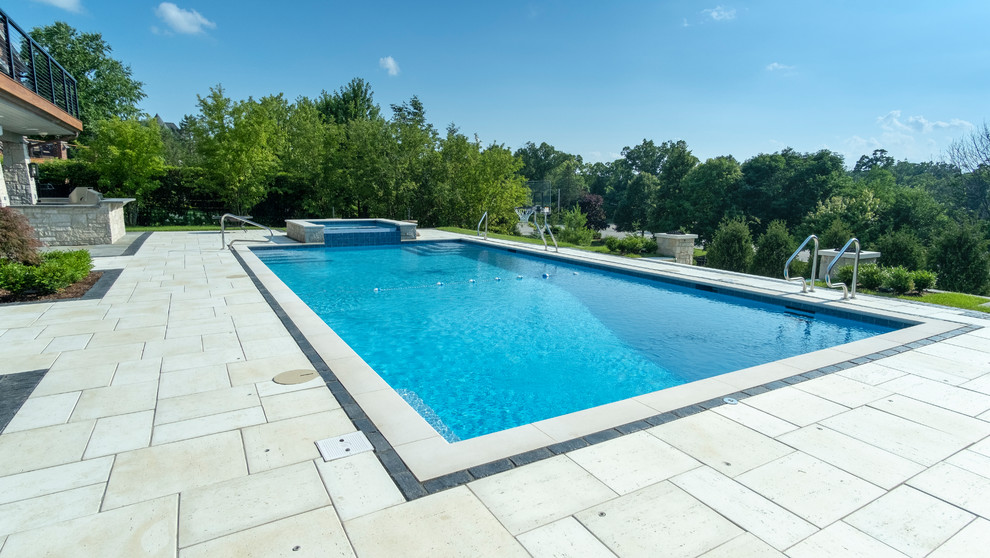 Burr Ridge Lap Pool with Raised Hot Tub and Waterfall - Classique ...