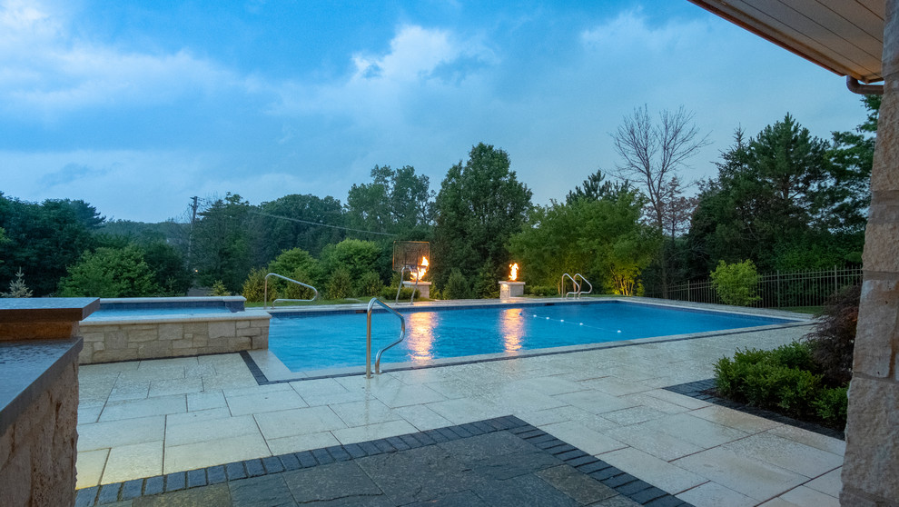 Burr Ridge Lap Pool with Raised Hot Tub and Waterfall - Traditional ...