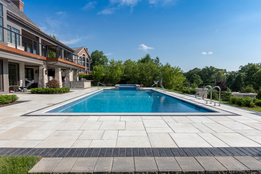 Burr Ridge Lap Pool with Raised Hot Tub and Waterfall - Traditional ...