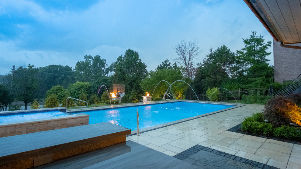 Burr Ridge Lap Pool with Raised Hot Tub and Waterfall - Traditional ...