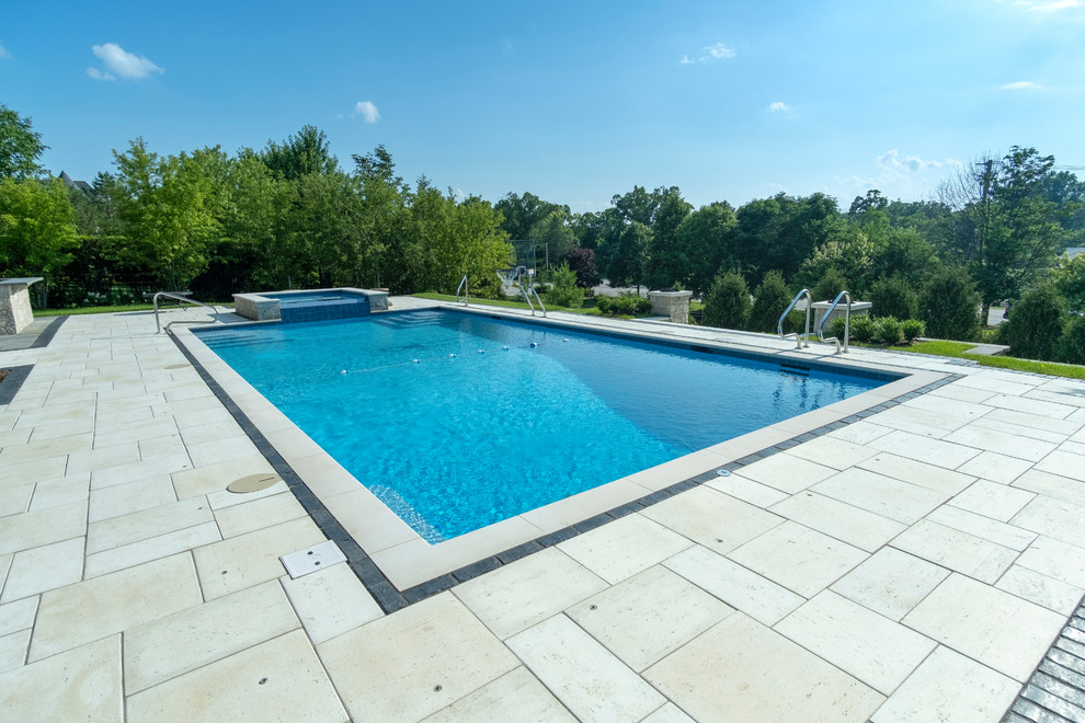 Burr Ridge Lap Pool with Raised Hot Tub and Waterfall - Traditional ...