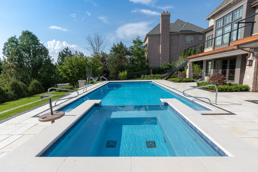Burr Ridge Lap Pool with Raised Hot Tub and Waterfall - Traditional ...