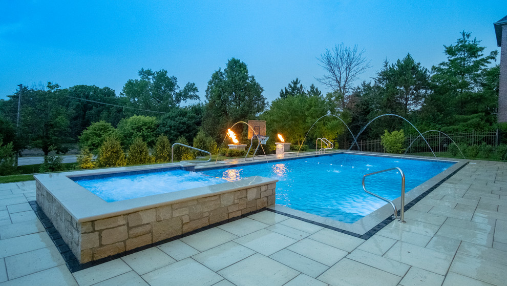 Burr Ridge Lap Pool with Raised Hot Tub and Waterfall - Traditional ...