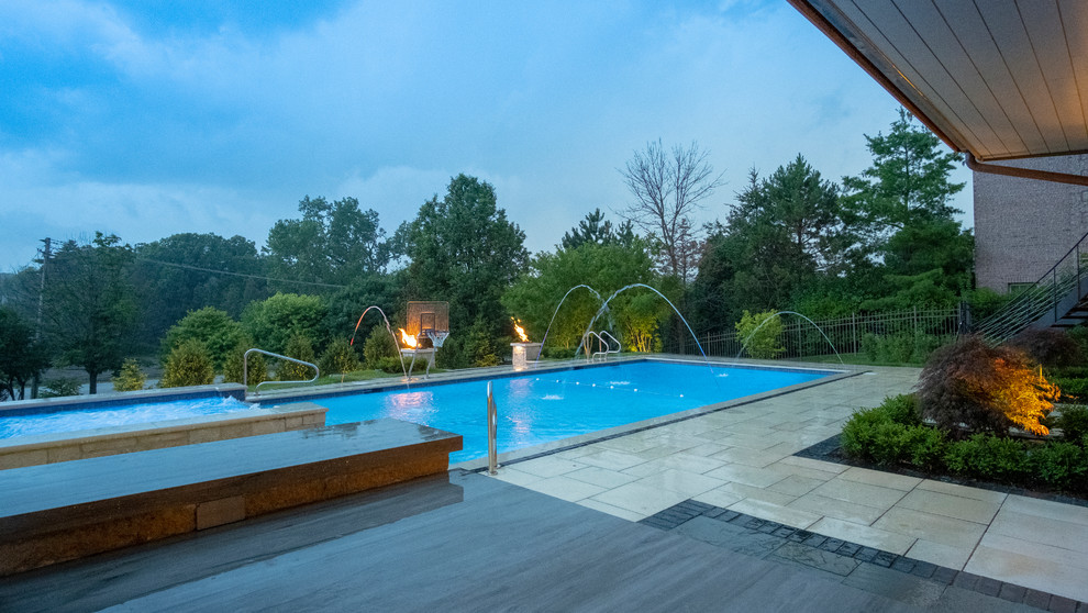 Burr Ridge Lap Pool with Raised Hot Tub and Waterfall - Traditional ...