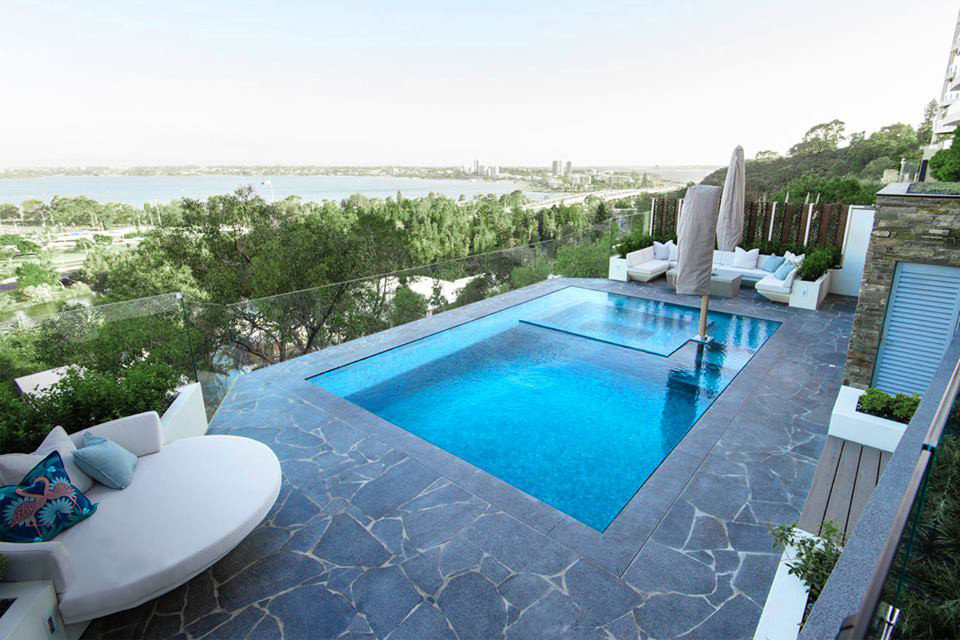 Contemporary pool with dark grey tiled floor and custom mosaic mix pool ...