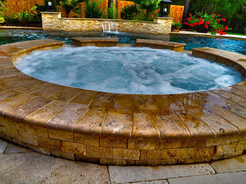 Curved Pool with Fountain and Pergola - Contemporary - Pool - Houston ...