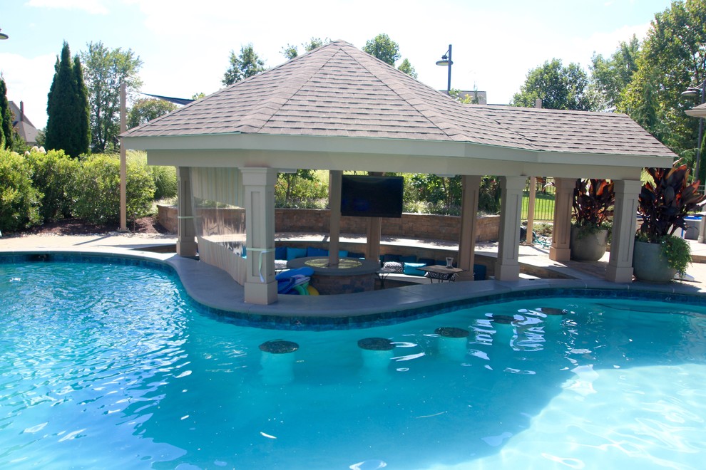 Custom Freeform Pool with Swim Up Bar and Waterslide - Contemporary ...
