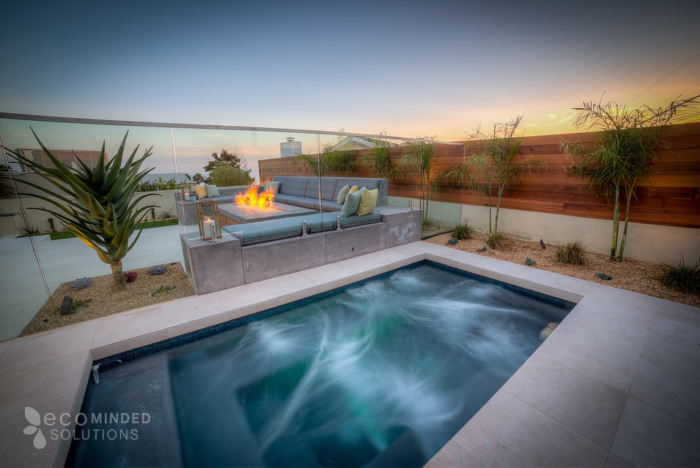 Custom Jacuzzi Pool with Bamboo Landscaping and Firepit - Mediterranean ...