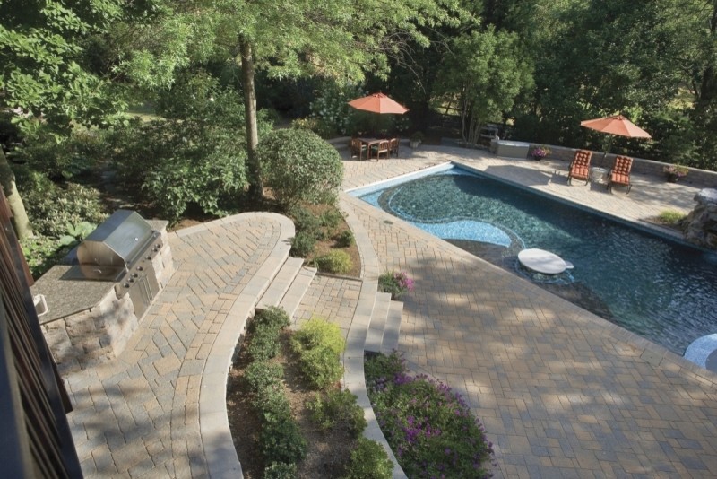 Custom Pool Hardscaping with Outdoor Kitchen - Traditional - Pool ...