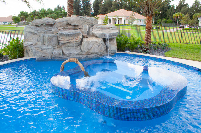 Custom Shaped Pool with Half Sunken Spa and Waterfall in Davie! - Pool ...