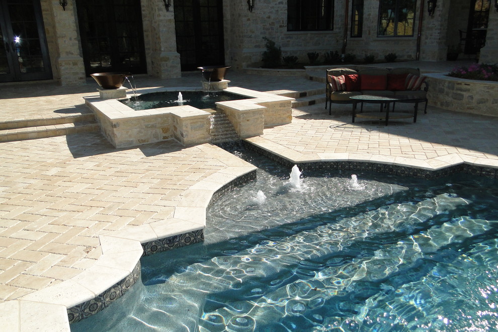 Elegant Roman Shaped Pool with Cannon Jets, Copper Bowls & Travertine ...