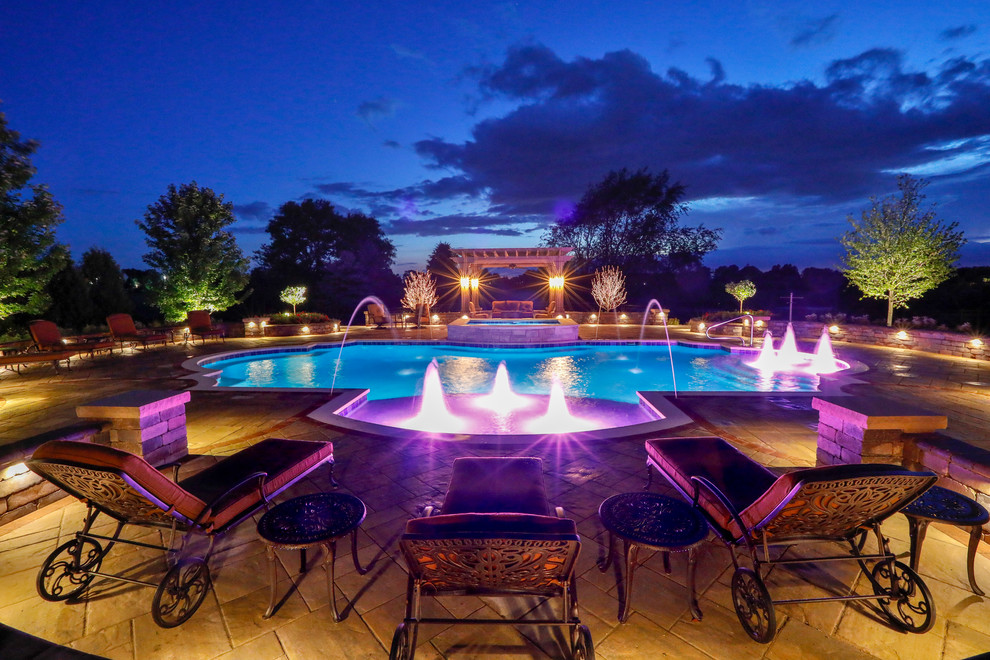 Elgin, IL Roman End Pool with Freeform Hot Tub - Mediterranean - Pool ...