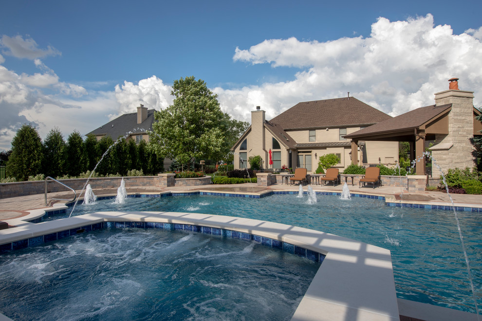Elgin, IL Roman End Pool with Freeform Hot Tub - Mediterranean - Pool ...