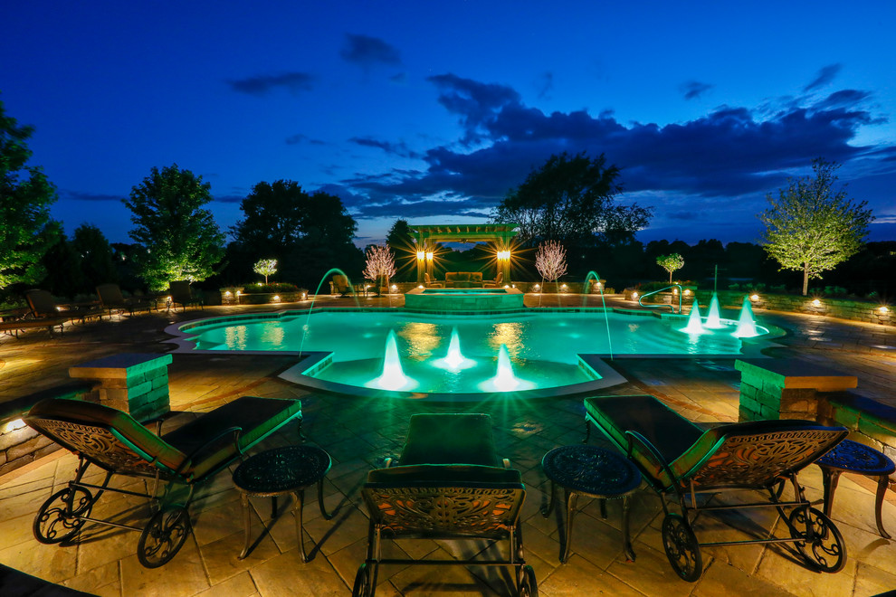 Elgin, IL Roman End Pool with Freeform Hot Tub - Mediterranean - Pool ...