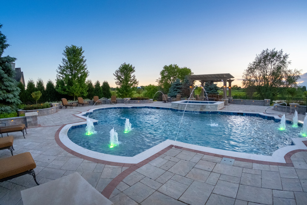 Elgin, IL Roman End Pool with Freeform Hot Tub - Mediterranean - Pool ...