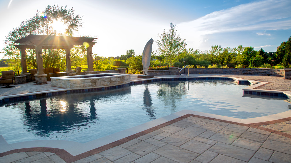 Elgin, IL Roman End Pool with Freeform Hot Tub - Mediterranean - Pool ...