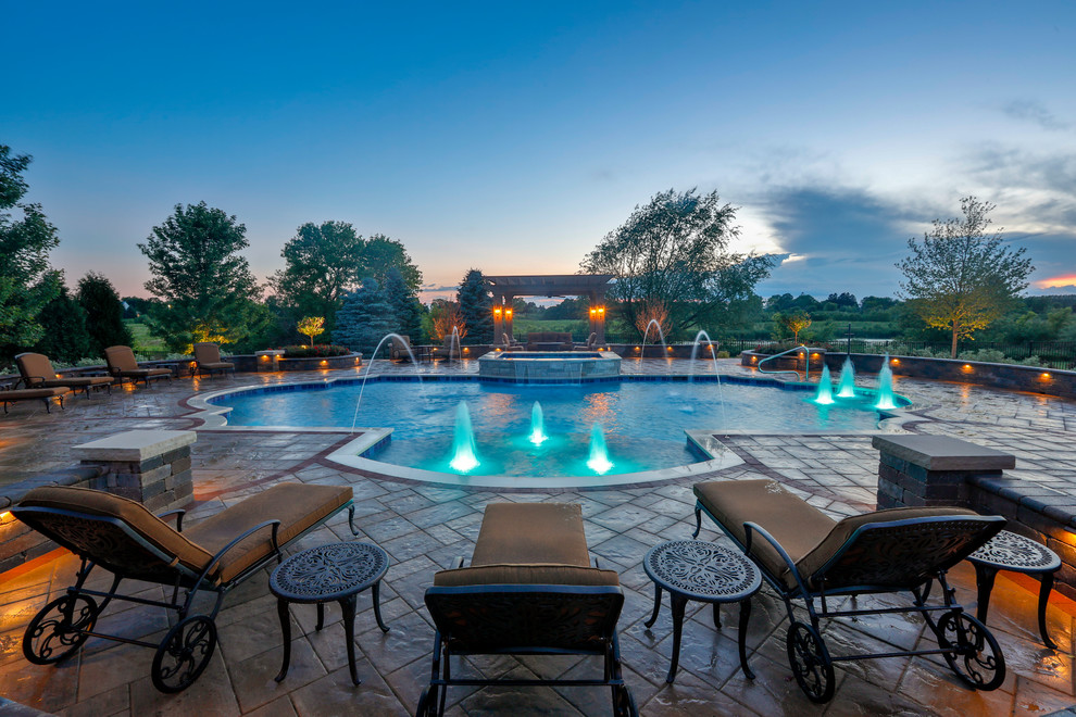 Elgin, IL Roman End Pool with Freeform Hot Tub - Mediterranean - Pool ...
