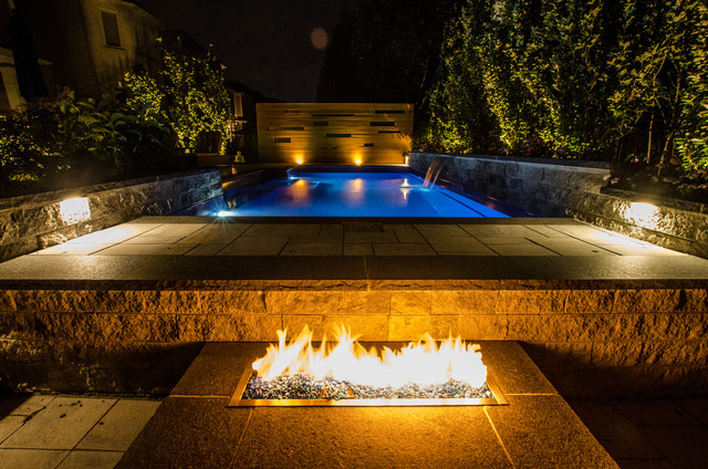 Fiberglass rectangle pool with waterfall accent wall - South East ...