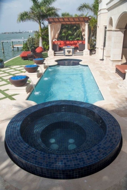 Florida Residence Waterline, Spa, and Fountain Glass Tile - Pool - San ...