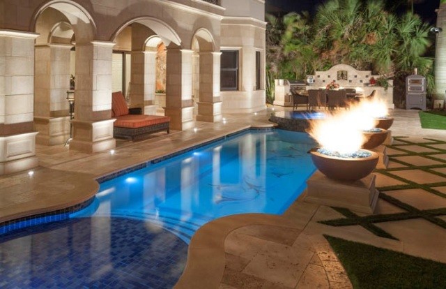Florida Residence Waterline, Spa, and Fountain Glass Tile - Pool - San ...