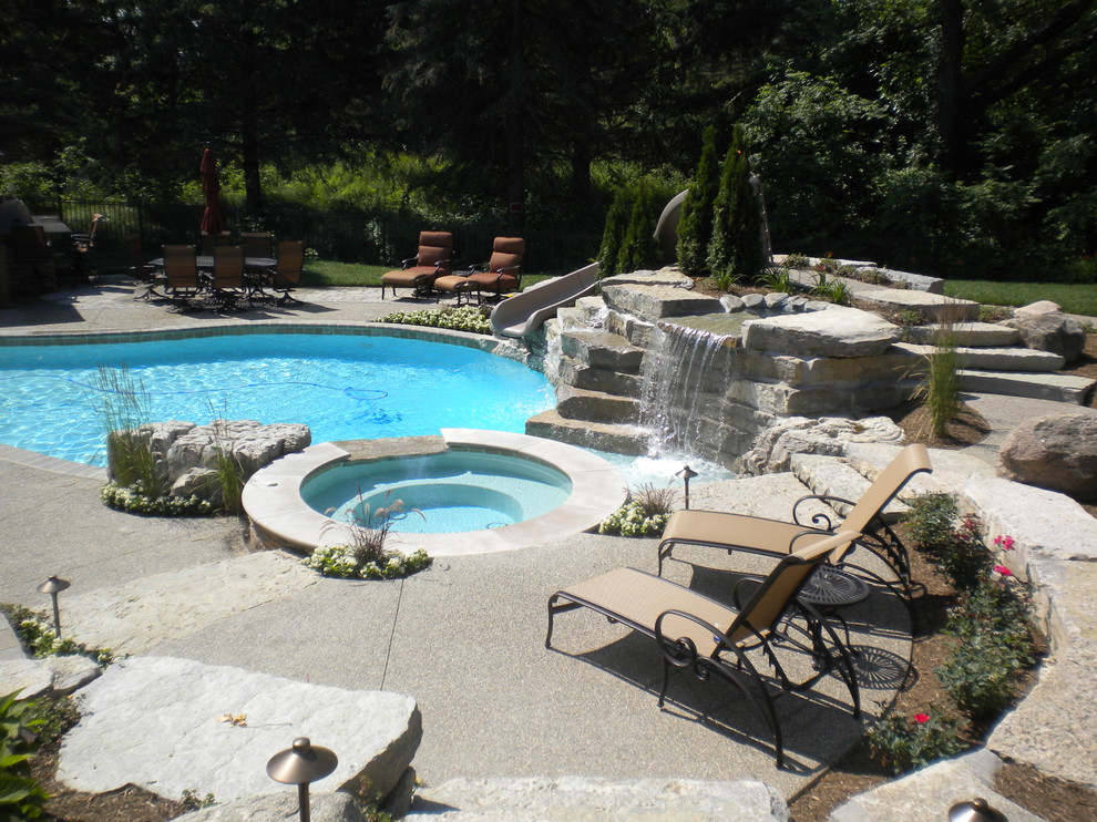 Free Form Gunite Pool w- Spillover Spa & Waterfall - Traditional - Pool ...
