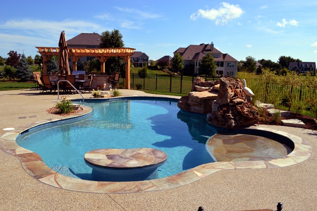 Free form pool with stone table, sun shelf, water feature, and outdoor ...