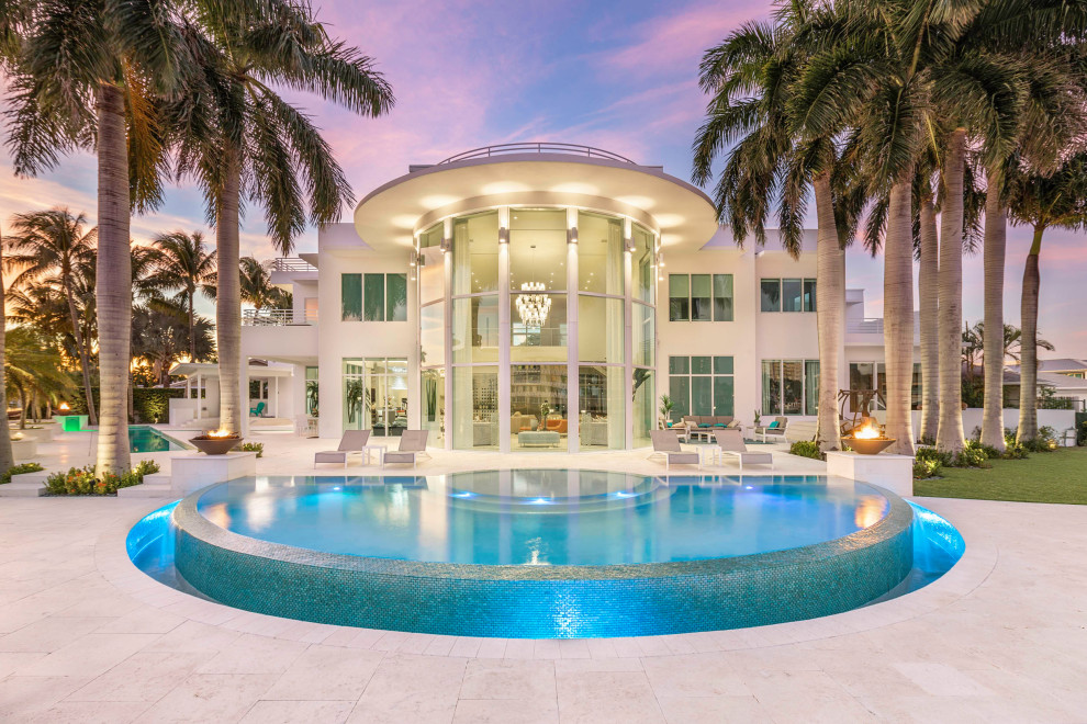 Freeform Infinity Edge Pool with Lap Pool/Spa with Fire Bowls in Ft ...