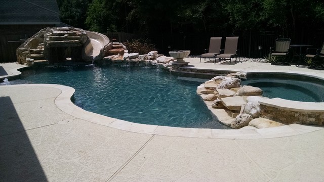 Freeform Limestone Pool with Cave-Slide-Waterfall - Traditional - Pool ...